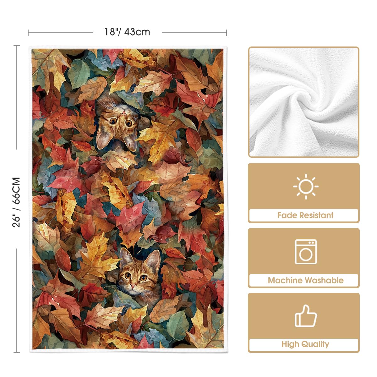 Artoid Mode Maple Leaves Cat Fall Kitchen Towels Dish Towels, 18x26 Inch Autumn Floral Thanksgiving Decoration Hand Towels Set of 2