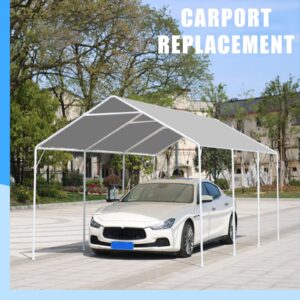 BOUTICOL 10 x 20 Ft Heavy Duty Carport Replacement Canopy Cover Waterproof & UV Protected Garage Top Tent Shelter Tarp Cover with 44 Ball Bungees Cords, Only Top Cover, Grey