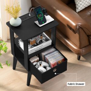 LELELINKY Nightstand with Charging Station,mid Century Modern Night Stand with Fabric Drawer and Open Storage Shelf, Bedside Table with USB Ports and Outlets, Small End Table for Bedroom, Black