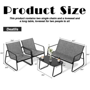 PIZZELLO 4 Pieces Patio Furniture Set Outdoor Garden Patio Conversation Sets with 2 Porch Chairs, Loveseat and Glass Coffee Table, Textilene Bistro Set (Black and Grey)