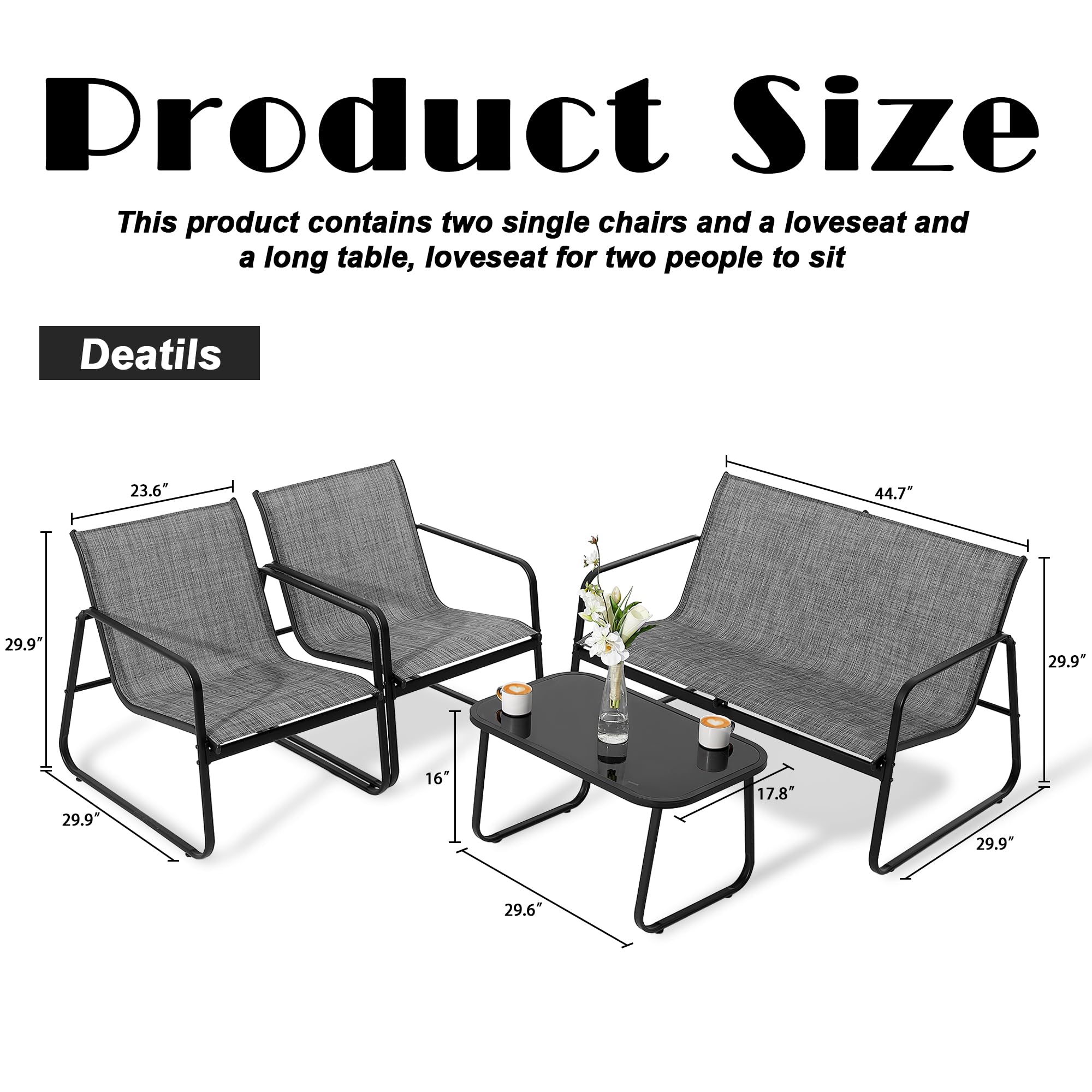 PIZZELLO 4 Pieces Patio Furniture Set Outdoor Garden Patio Conversation Sets with 2 Porch Chairs, Loveseat and Glass Coffee Table, Textilene Bistro Set (Black and Grey)