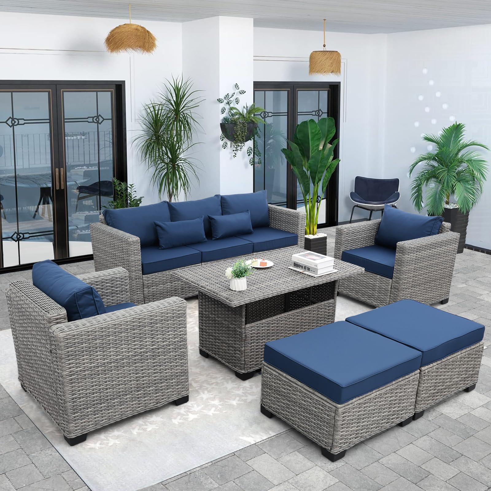 Rattaner Patio Furniture Set 6 Pieces Outdoor Furniture Set Outdoor Couch Coffee Table with Storage Non-Slip Cushions and Waterproof Covers, Navy Blue