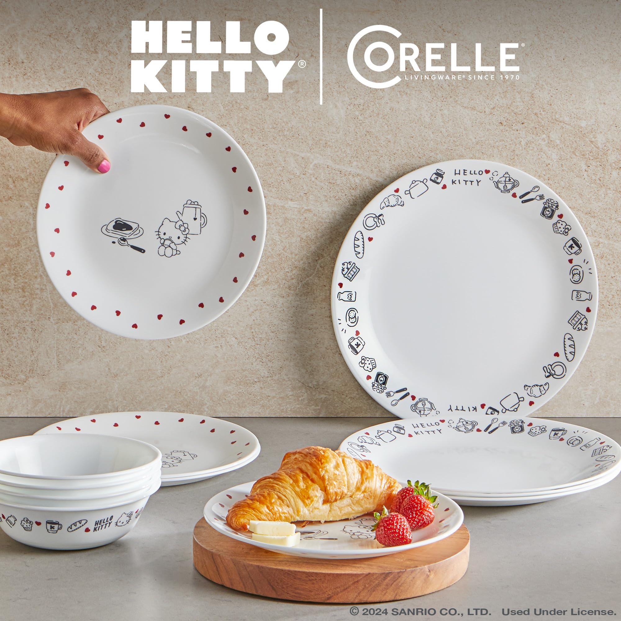 Corelle Vitrelle Hello Kitty 12-PC Dinnerware Set, Service for 3, Triple Layered Glass, Anti-Chip Durable Lightweight Plate and Bowl Set