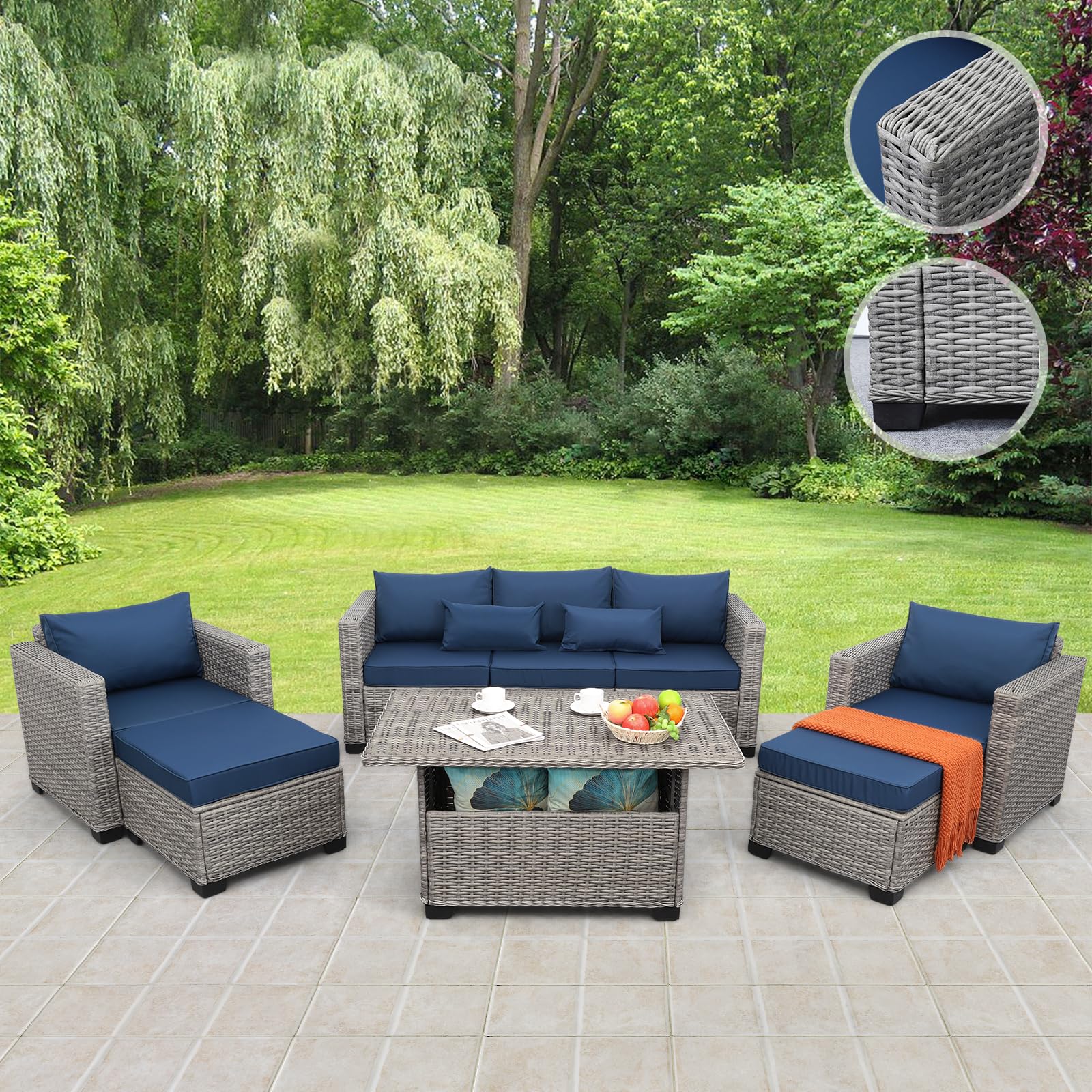 Rattaner Patio Furniture Set 6 Pieces Outdoor Furniture Set Outdoor Couch Coffee Table with Storage Non-Slip Cushions and Waterproof Covers, Navy Blue