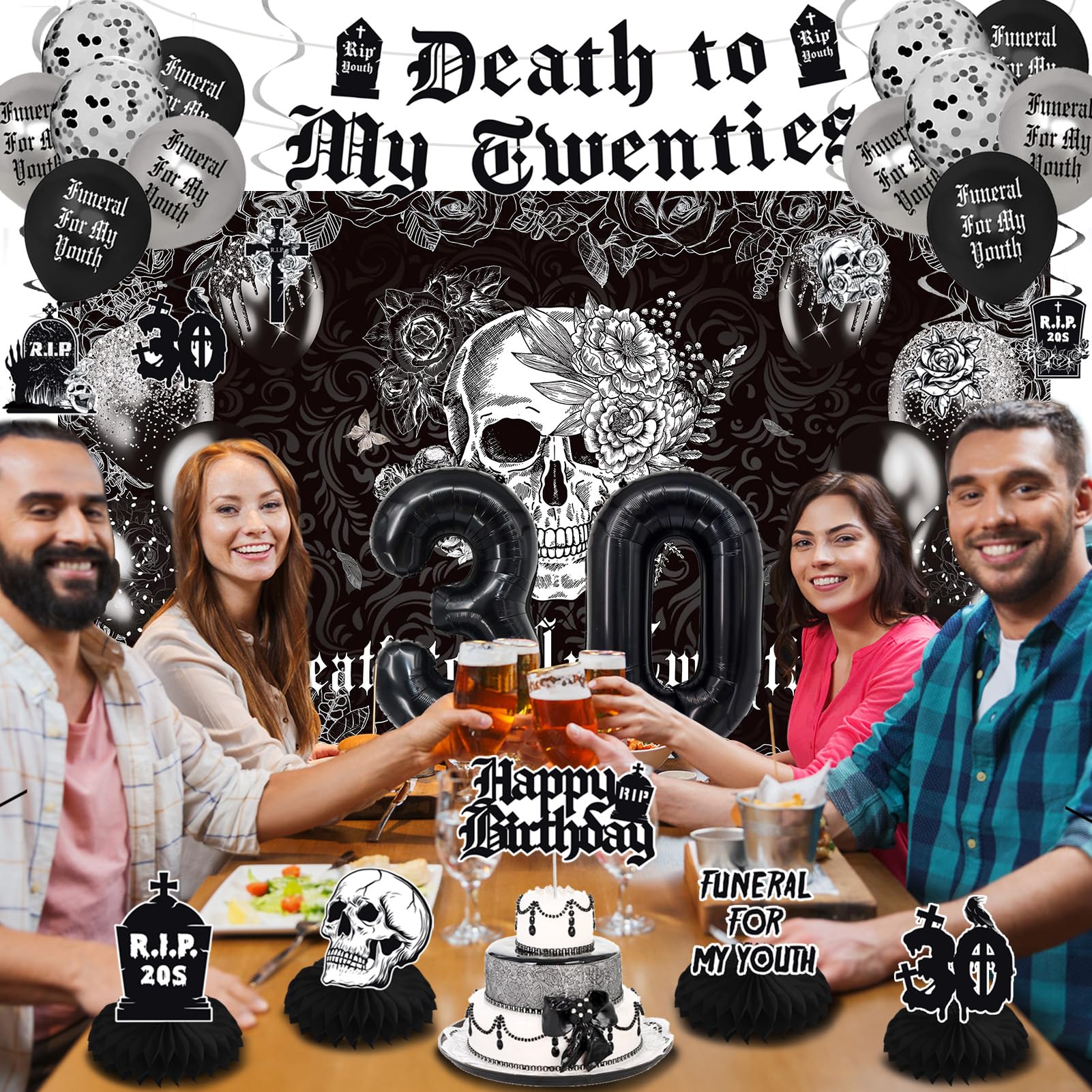 Crenics Death to My 20s Decorations - Death to My Twenties Backdrop, Banner, Honeycomb, Sash, Hanging Swirls, Cake Topper and Balloons for 30th Birthday Party Decorations for Her or Him