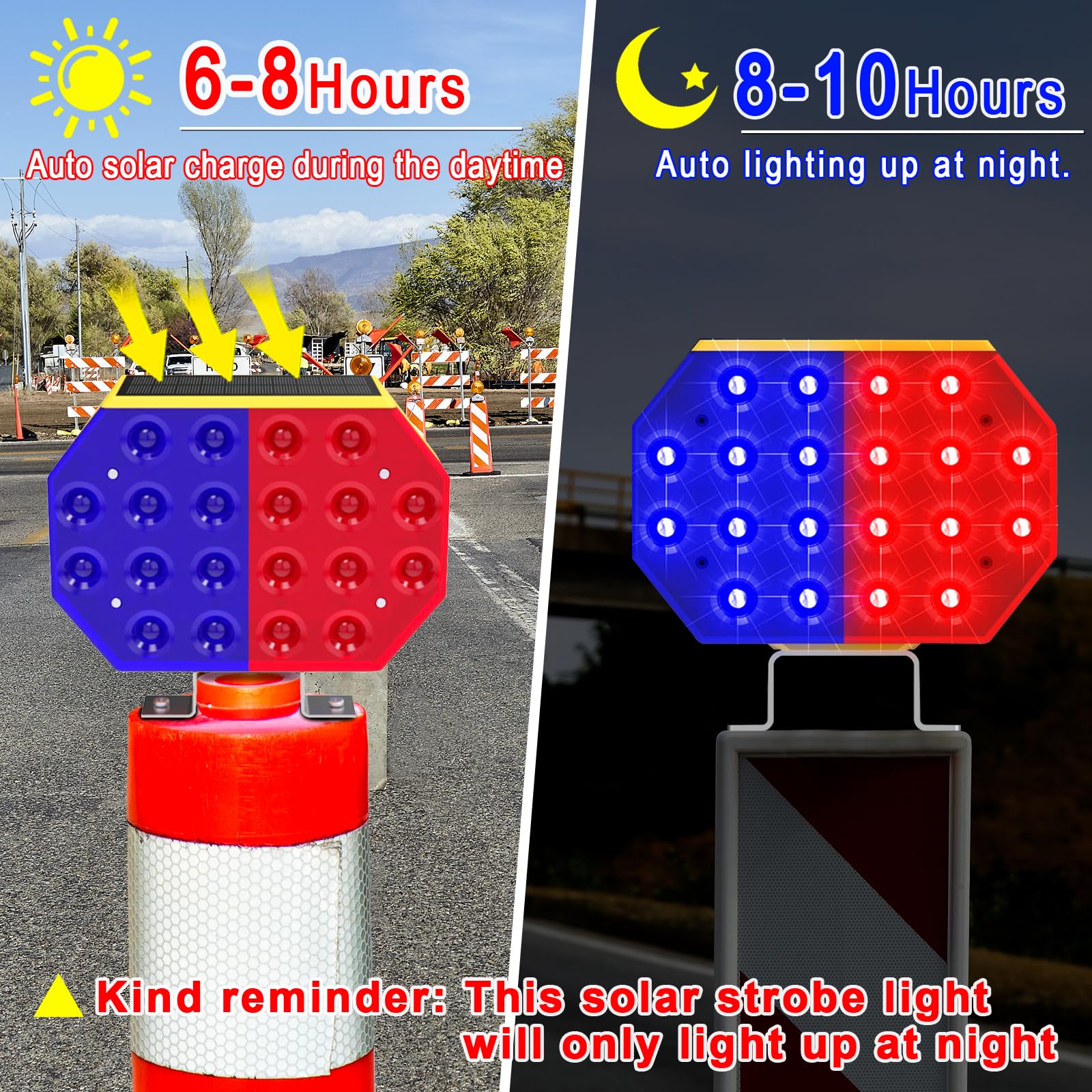 Aolyty Solar Strobe Warning Light, IP65 Waterproof Solar Safety Light Red & Blue Light Flashing Bright Warning Lamp 2 Modes for Construction Site, Traffic, Dock, Stop Sign, Roadblock, Crossroad