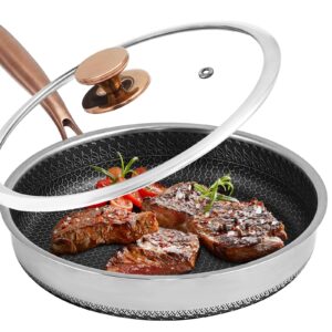 bakpoco frying pans nonstick, 12 inch hybrid non stick frying pan with lid, stainless steel non toxic pfoa free scratch-resistant coating skillets, dishwasher & oven safe induction compatible cookware