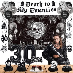 crenics death to my 20s decorations - death to my twenties backdrop, banner, honeycomb, sash, hanging swirls, cake topper and balloons for 30th birthday party decorations for her or him