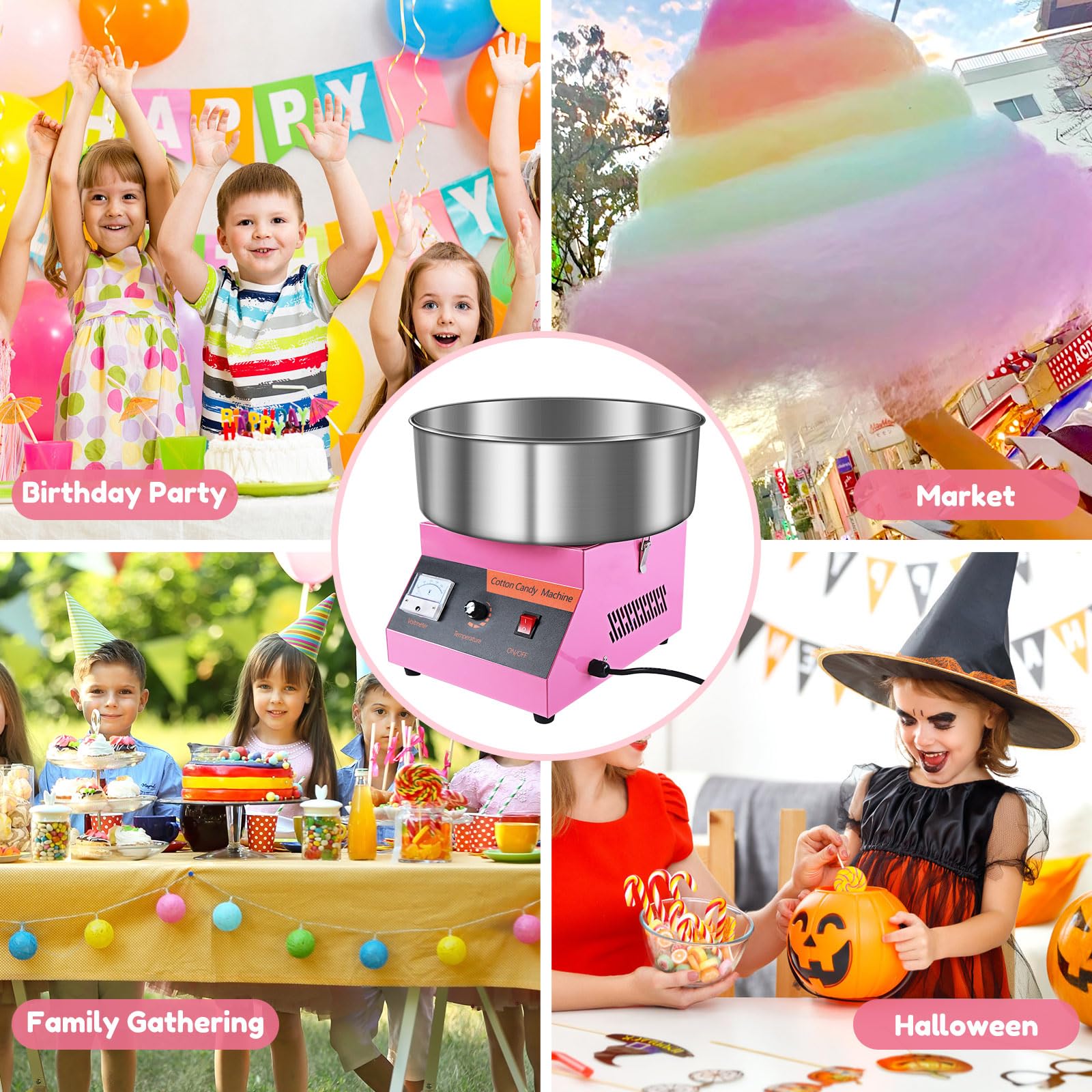 Cotton Candy Machine Commercial, 1000W Efficiently Cotton Candy Maker Machine with Stainless Steel Bowl, Sugar Scoop, Easy & Safe to Use, Candy Floss Maker for Kids, Home, Party, Birthday, Festival