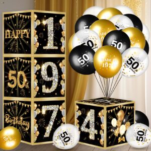 dunzoom 34 pcs 50th birthday decorations boxes for men women, 4 pcs 1974 birthday balloons boxes 30 pcs 50th birthday balloons vintage fifty years old gold and black cardboard box party decorations