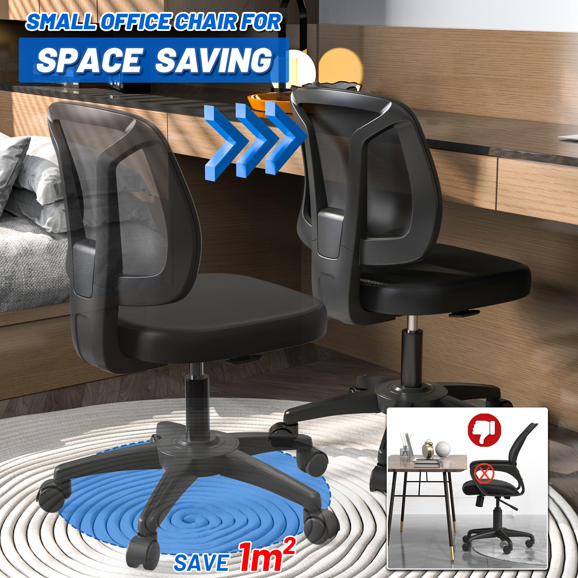 TTD TIANTIANDA Armless Swivel Mesh Computer Office Desk Chair Height Adjustable with Lumber Support for Small Spaces, Black