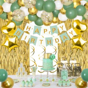 Sage Green Birthday Party Decorations, Balloon Garland Arch Kit, Happy Birthday Banner, Shiny Fringe Curtain, Heart Star Foil Balloons, Hanging Swirls, Baby Shower Birthday Party Supplies