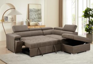 thsuper 100" microfiber l shape sleeper sectional sofa with pullout bed. 5-seats sectional couch with storage ottoman and cup holder. adjustable headrest with sectional sleeper couch. brown