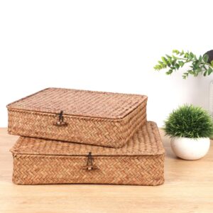 Moosky Flat Wicker Shelf Baskets with Lid, Handwoven Seagrass Basket Boxes for Storage Baskets Bins Home Decor Organizer (Coffee Large)