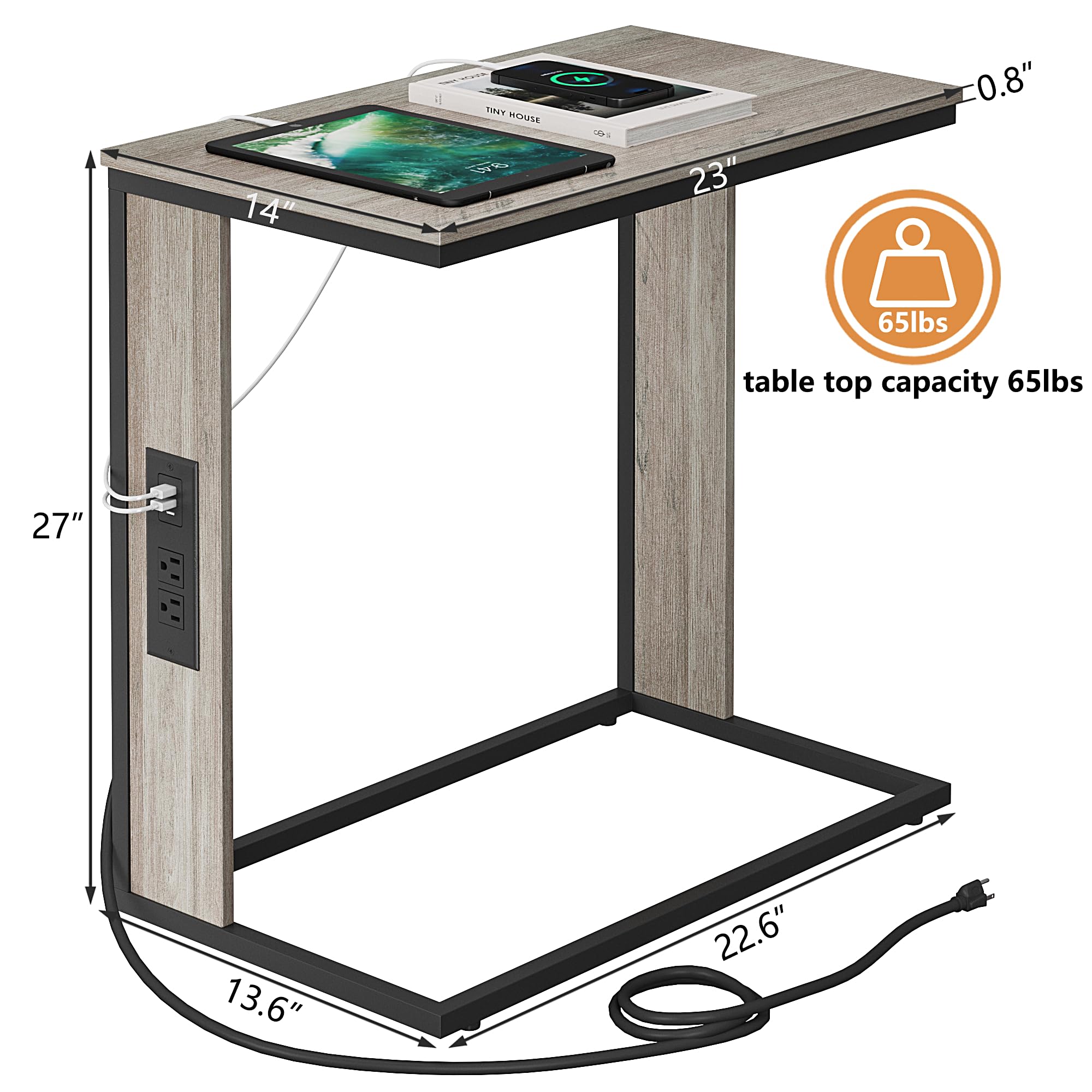 Vagusicc C Shaped End Table with Charging Station, Small Couch Side Table with Outlets and USB Ports for Living Room, Bedroom, Sturdy Slide Under Sofa Table C-Shaped Snack Table with Metal Frame 27 "H