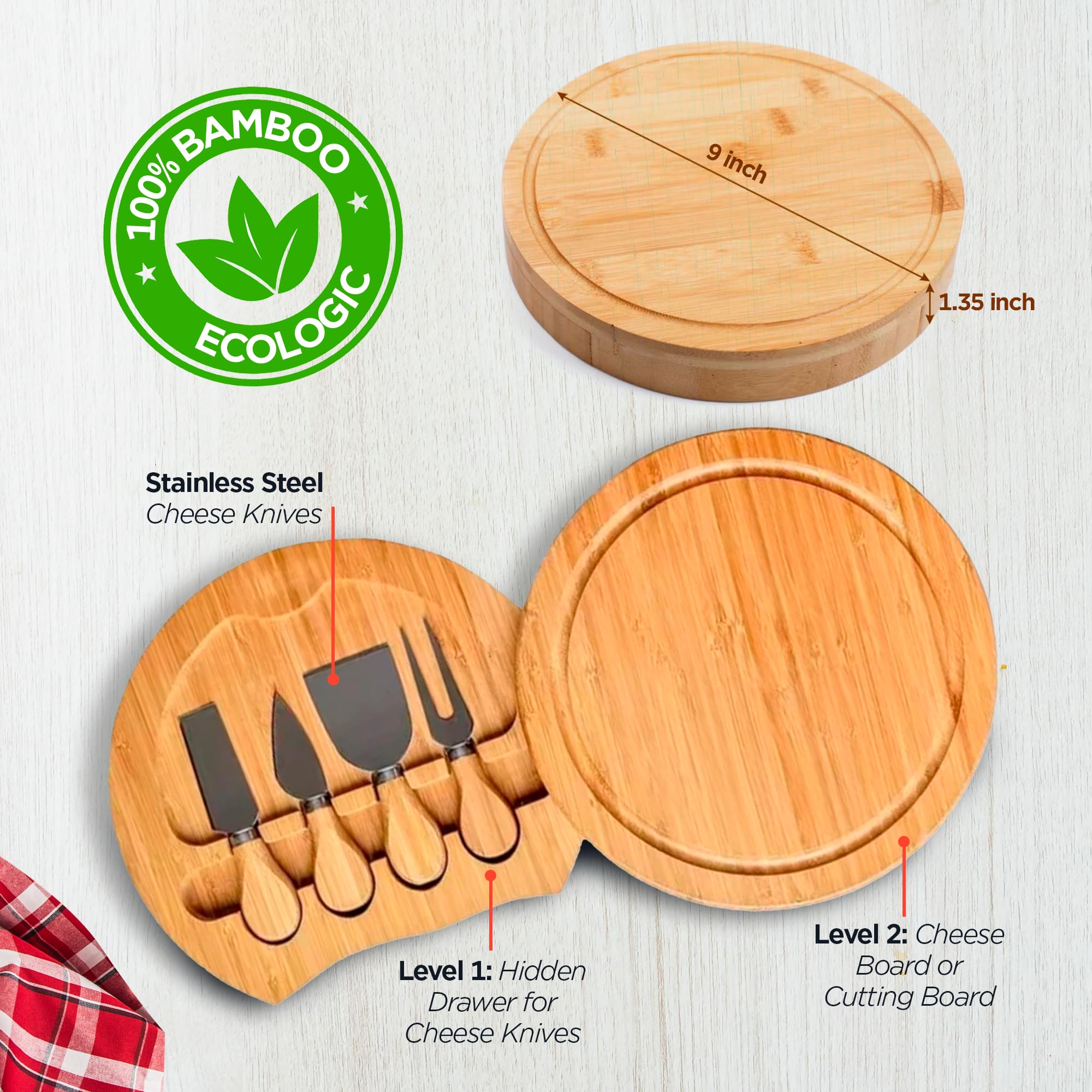 GOODHOY - Bamboo 9" Charcuterie Board Gift Set including 4 Knives-Wine Accessories Box-2 Bamboo Coasters - Complete Cheese Board Set - Unique Gift for All Occasions - Housewarming Gift - Weddings