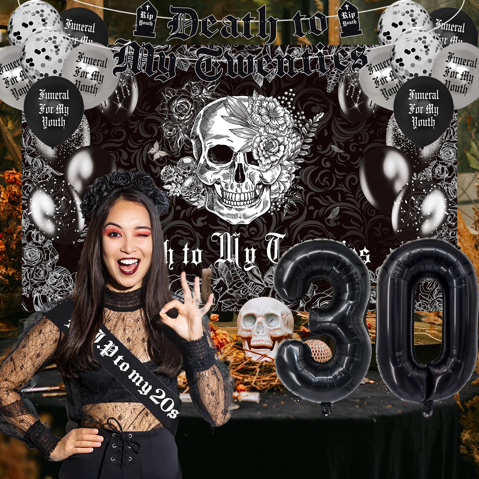 Crenics Death to My 20s Decorations - Death to My Twenties Backdrop, Banner, Honeycomb, Sash, Hanging Swirls, Cake Topper and Balloons for 30th Birthday Party Decorations for Her or Him