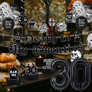 Crenics Death to My 20s Decorations - Death to My Twenties Backdrop, Banner, Honeycomb, Sash, Hanging Swirls, Cake Topper and Balloons for 30th Birthday Party Decorations for Her or Him