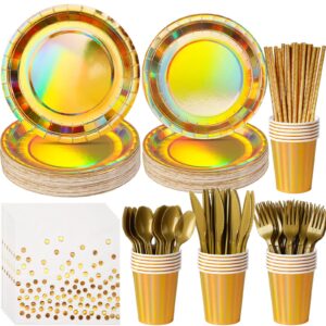 iridescent gold party supplies decorations serve 50, holographic gold paper plates and napkins, disposable iridescent party plates cups napkins for wedding anniversary birthday bridal shower party