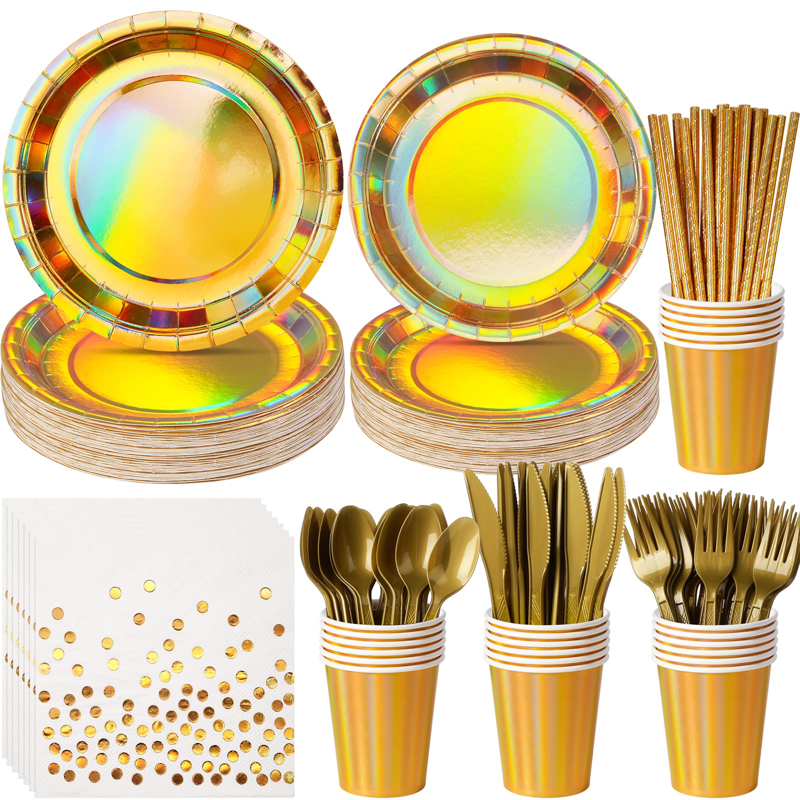 Iridescent Gold Party Supplies Decorations Serve 50, Holographic Gold Paper Plates and Napkins, Disposable Iridescent Party Plates Cups Napkins for Wedding Anniversary Birthday Bridal Shower Party