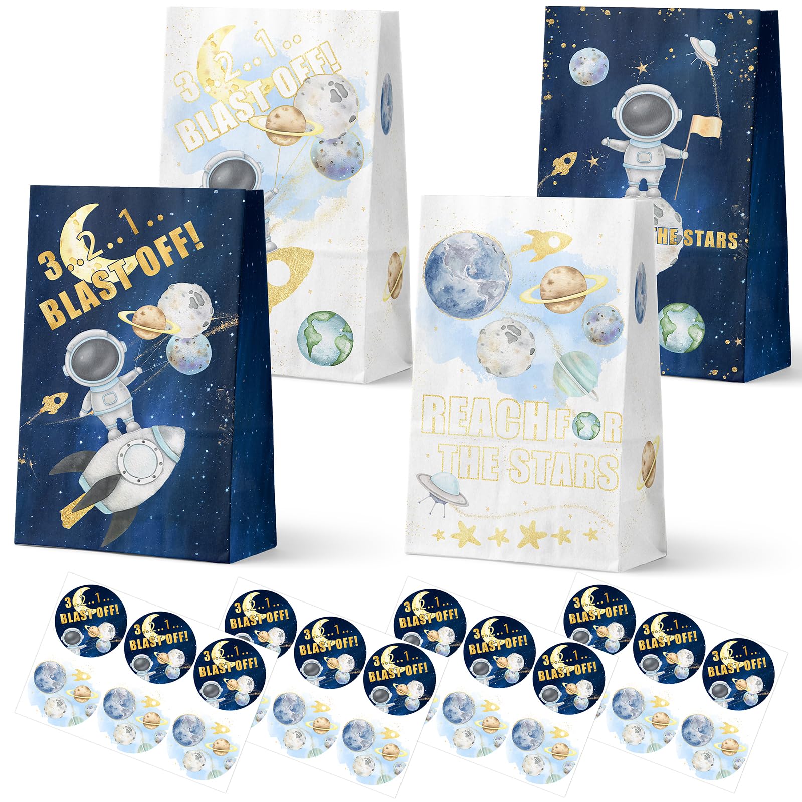 Celee 24-Pack Space Party Goodie Bags with Stickers - Ideal for Kids' Birthdays, Baby Showers, and Space Themed Parties