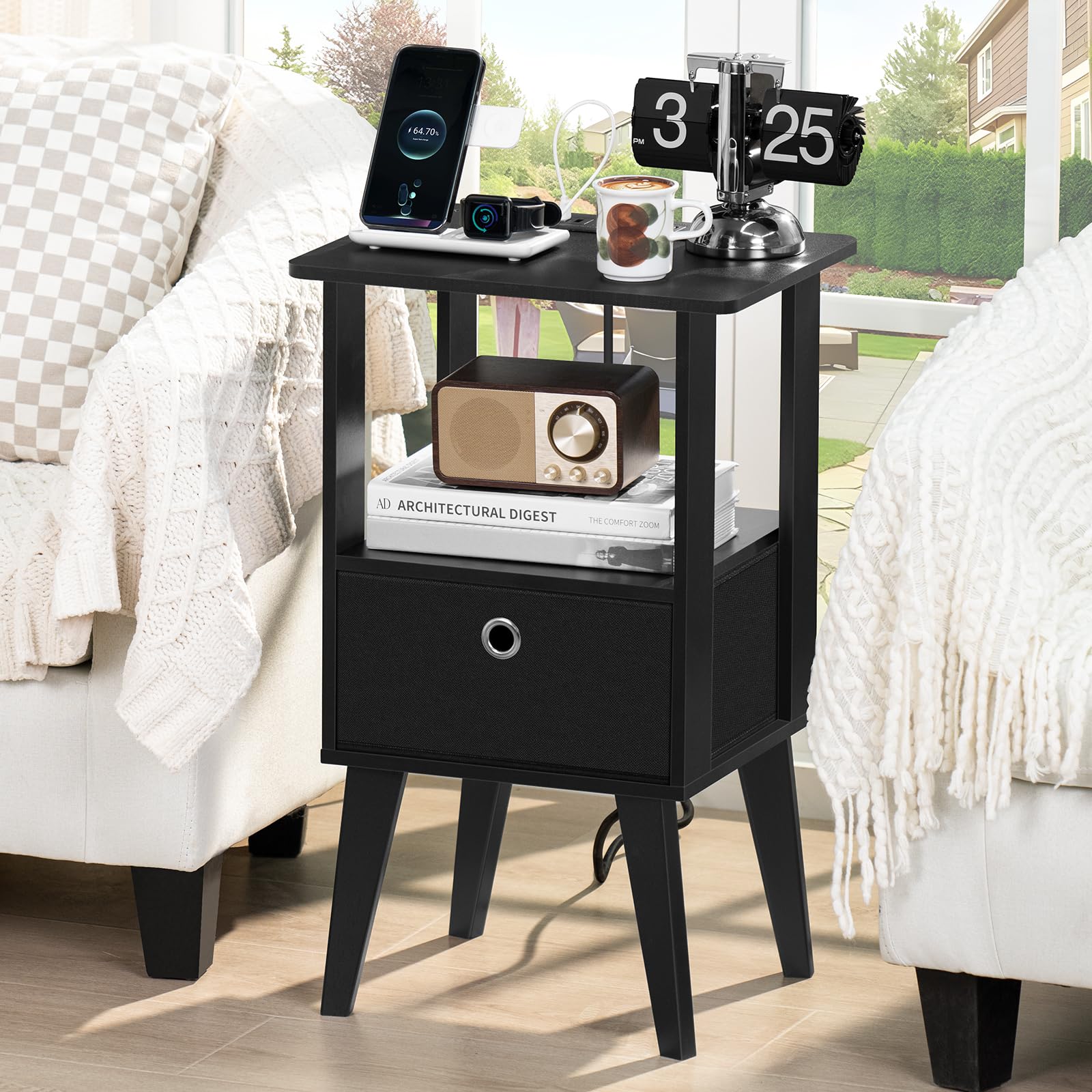 LELELINKY Nightstand with Charging Station,mid Century Modern Night Stand with Fabric Drawer and Open Storage Shelf, Bedside Table with USB Ports and Outlets, Small End Table for Bedroom, Black