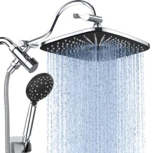 veken 11.8 inch high pressure rain shower head combo with adjustable extension arm- wide rainfall showerhead with 6 handheld water spray dual showerhead with anti-clog nozzles - silver chrome