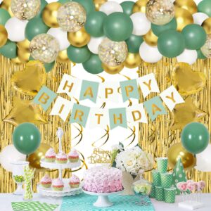 Sage Green Birthday Party Decorations, Balloon Garland Arch Kit, Happy Birthday Banner, Shiny Fringe Curtain, Heart Star Foil Balloons, Hanging Swirls, Baby Shower Birthday Party Supplies