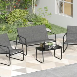 PIZZELLO 4 Pieces Patio Furniture Set Outdoor Garden Patio Conversation Sets with 2 Porch Chairs, Loveseat and Glass Coffee Table, Textilene Bistro Set (Black and Grey)