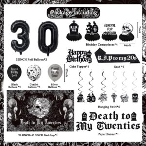 Crenics Death to My 20s Decorations - Death to My Twenties Backdrop, Banner, Honeycomb, Sash, Hanging Swirls, Cake Topper and Balloons for 30th Birthday Party Decorations for Her or Him