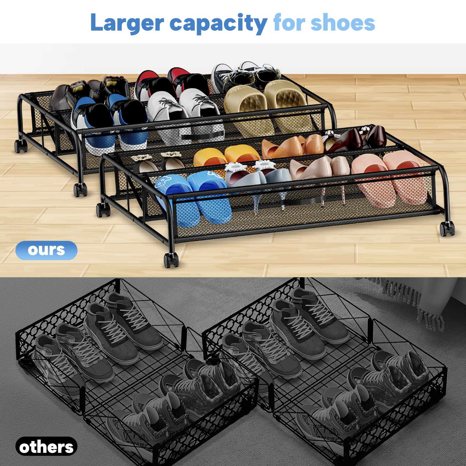 RJ-Global Under Bed Shoe Storage with Wheels, 2 Pack Under Bed Shoe Organizer with Metal & Mesh Cloth, Rolling Under Bed Storage Containers, Shoe Rack Under the Bed for Apartment Space Saving (Large)