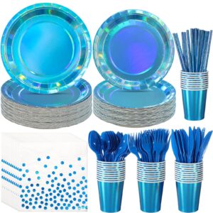 iridescent blue party supplies decorations serve 25, holographic blue paper plates and napkins, disposable iridescent party plates cups napkins for wedding anniversary birthday bridal shower party