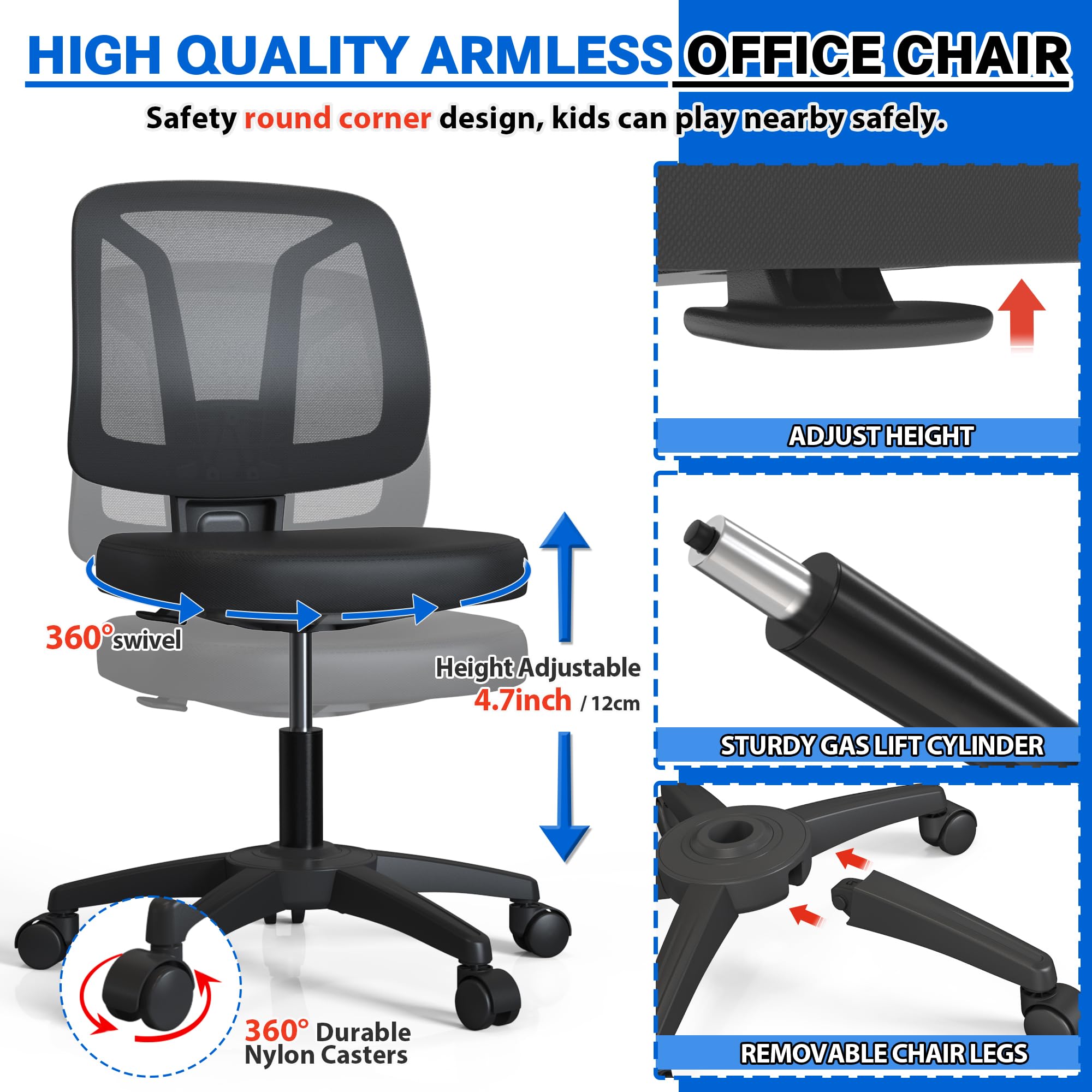 TTD TIANTIANDA Armless Swivel Mesh Computer Office Desk Chair Height Adjustable with Lumber Support for Small Spaces, Black