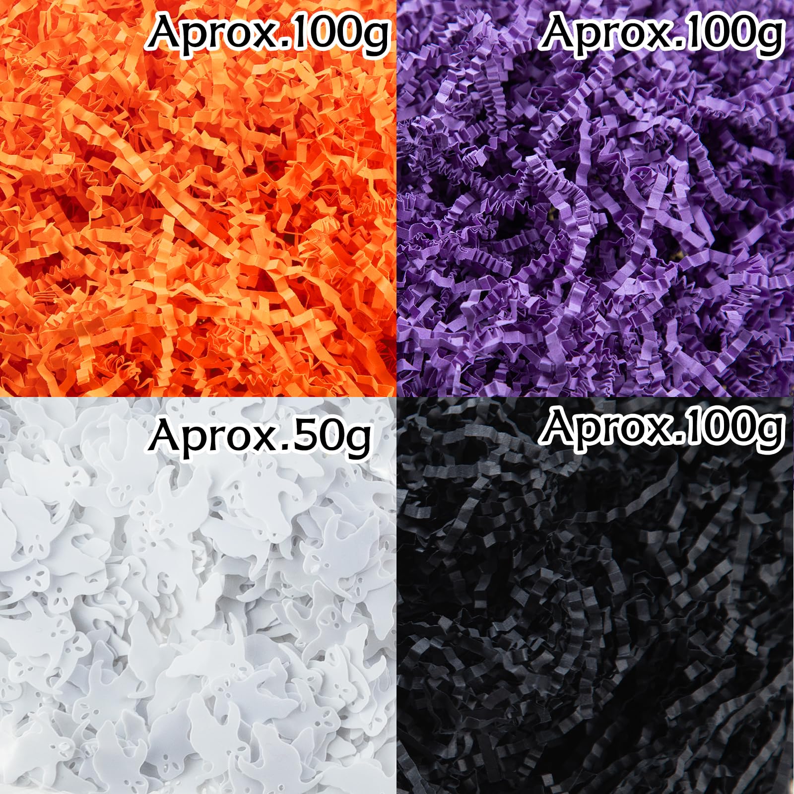 Jocomoni 12.3oz Halloween Crinkle Cut Paper Sherd Filler Black Orange Purple Crinkle Cut Paper with Ghost Confetti for Halloween Party Supply