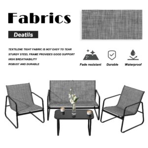 PIZZELLO 4 Pieces Patio Furniture Set Outdoor Garden Patio Conversation Sets with 2 Porch Chairs, Loveseat and Glass Coffee Table, Textilene Bistro Set (Black and Grey)