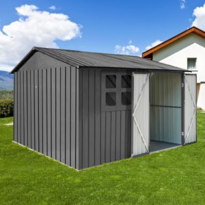 morhome 8x6 ft outdoor storage shed with windows, tool garden metal sheds with lockable door, outside waterproof galvanized steel storage house for backyard garden, patio, lawn