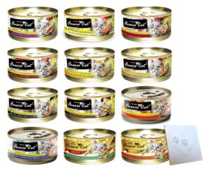 fussie-cat premium grain-free cat food variety pack - 12 flavors: tuna & shrimp, chicken & liver, tuna & prawn, tuna & bream, chicken & vegetable, and more! (12 cans total)