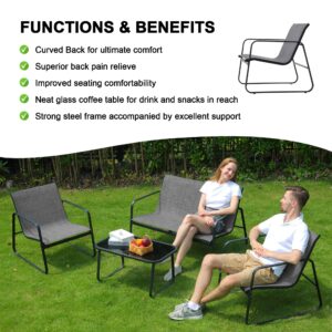 PIZZELLO 4 Pieces Patio Furniture Set Outdoor Garden Patio Conversation Sets with 2 Porch Chairs, Loveseat and Glass Coffee Table, Textilene Bistro Set (Black and Grey)