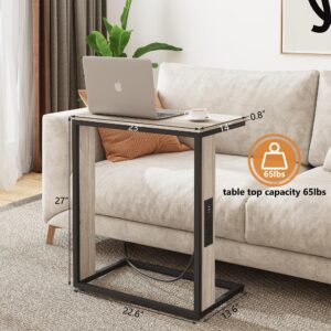 Vagusicc C Shaped End Table with Charging Station, Small Couch Side Table with Outlets and USB Ports for Living Room, Bedroom, Sturdy Slide Under Sofa Table C-Shaped Snack Table with Metal Frame 27 "H