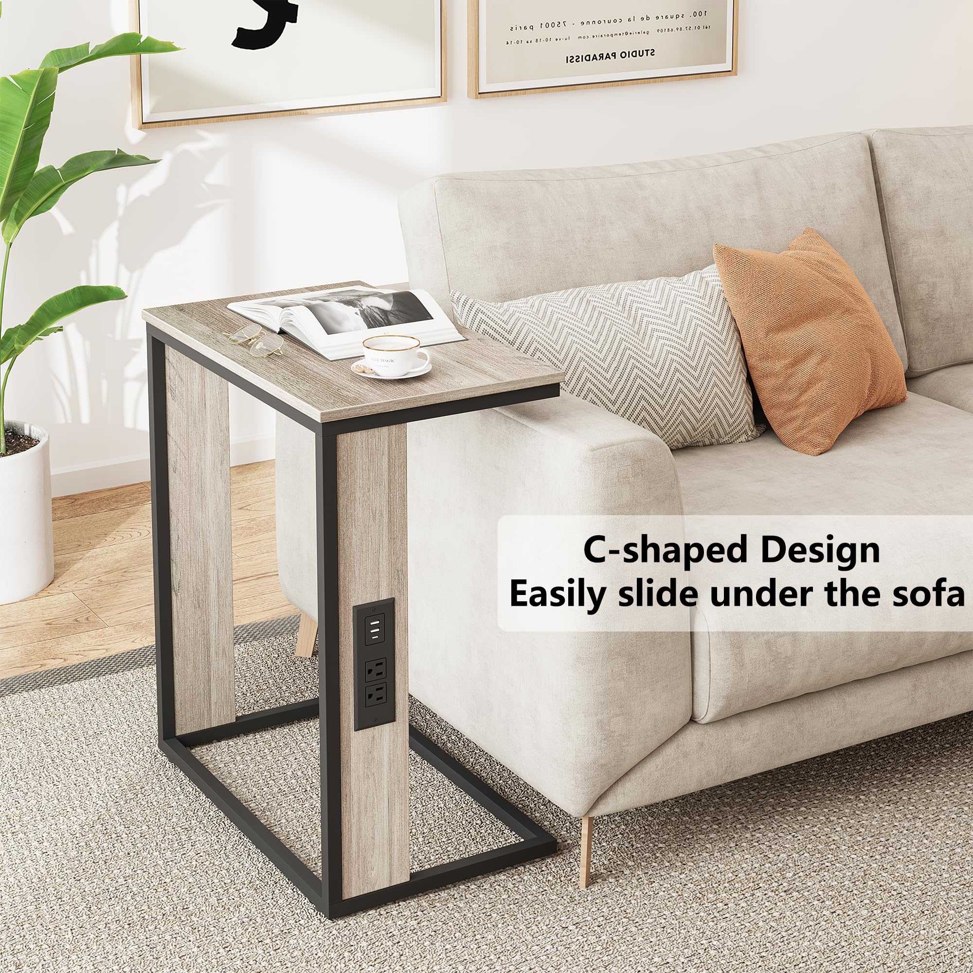 Vagusicc C Shaped End Table with Charging Station, Small Couch Side Table with Outlets and USB Ports for Living Room, Bedroom, Sturdy Slide Under Sofa Table C-Shaped Snack Table with Metal Frame 27 "H