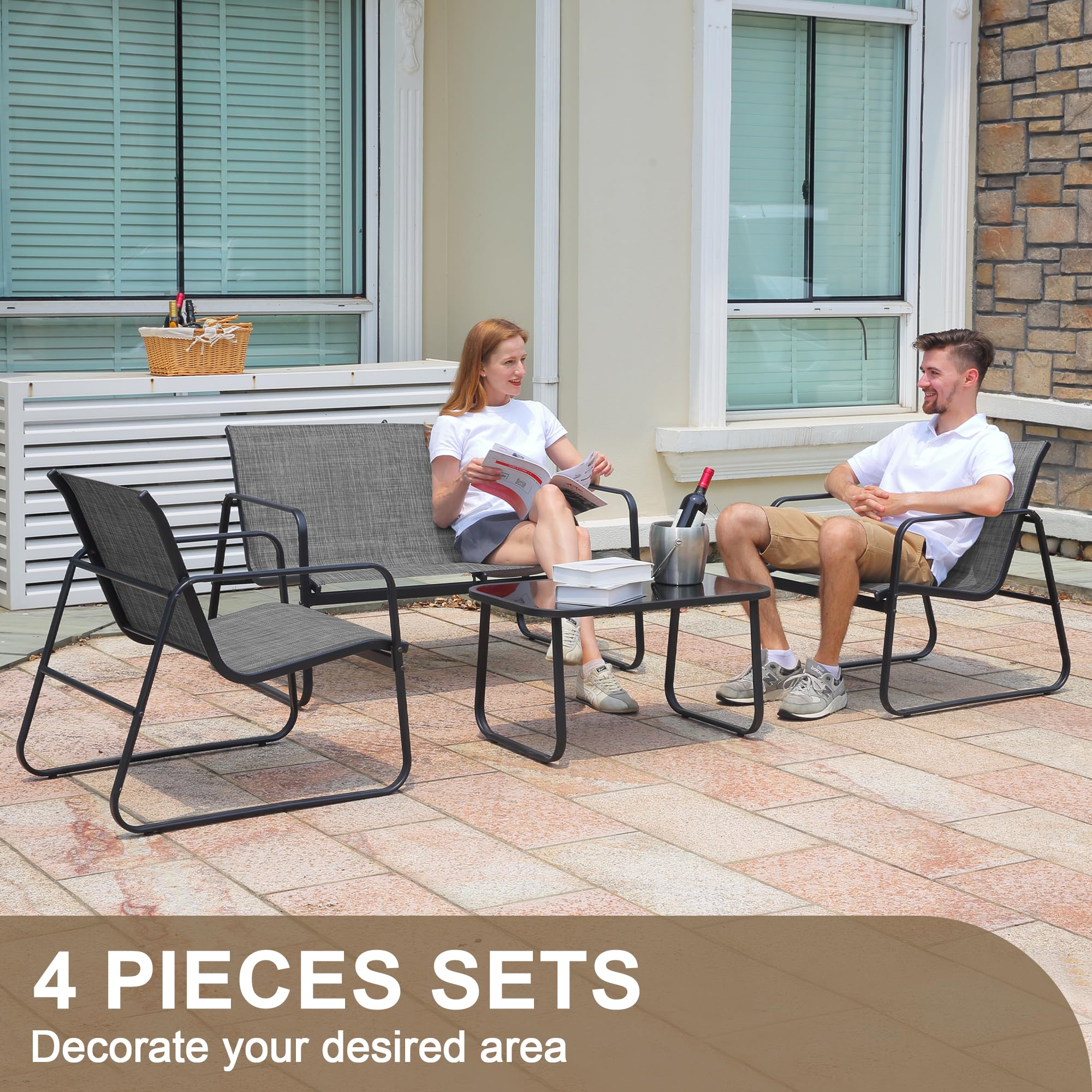 PIZZELLO 4 Pieces Patio Furniture Set Outdoor Garden Patio Conversation Sets with 2 Porch Chairs, Loveseat and Glass Coffee Table, Textilene Bistro Set (Black and Grey)