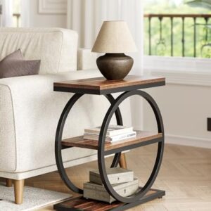 LITTLE TREE End Table, 3-Tier Side Table, Slim Sofa Side Table for Living Room, Tall Bedside Table Nightstand for Bedroom, Rustic Brown and Black