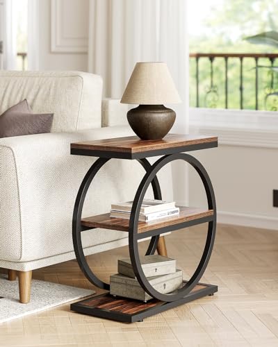 LITTLE TREE End Table, 3-Tier Side Table, Slim Sofa Side Table for Living Room, Tall Bedside Table Nightstand for Bedroom, Rustic Brown and Black