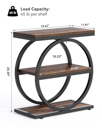 LITTLE TREE End Table, 3-Tier Side Table, Slim Sofa Side Table for Living Room, Tall Bedside Table Nightstand for Bedroom, Rustic Brown and Black