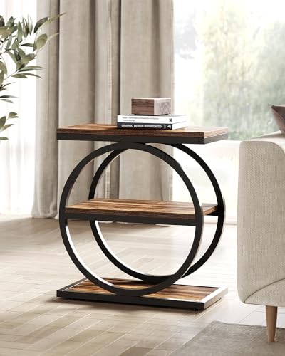 LITTLE TREE End Table, 3-Tier Side Table, Slim Sofa Side Table for Living Room, Tall Bedside Table Nightstand for Bedroom, Rustic Brown and Black