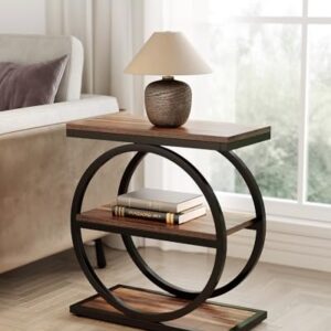 LITTLE TREE End Table, 3-Tier Side Table, Slim Sofa Side Table for Living Room, Tall Bedside Table Nightstand for Bedroom, Rustic Brown and Black