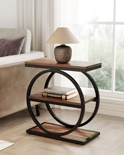 LITTLE TREE End Table, 3-Tier Side Table, Slim Sofa Side Table for Living Room, Tall Bedside Table Nightstand for Bedroom, Rustic Brown and Black