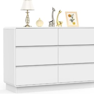 OTUTUMUS 6 Drawers Double Dresser, White Modern Chest of Drawer, Curved Edged Wood Dresser for Bedroom Living Room, Closet, Office, Hallway