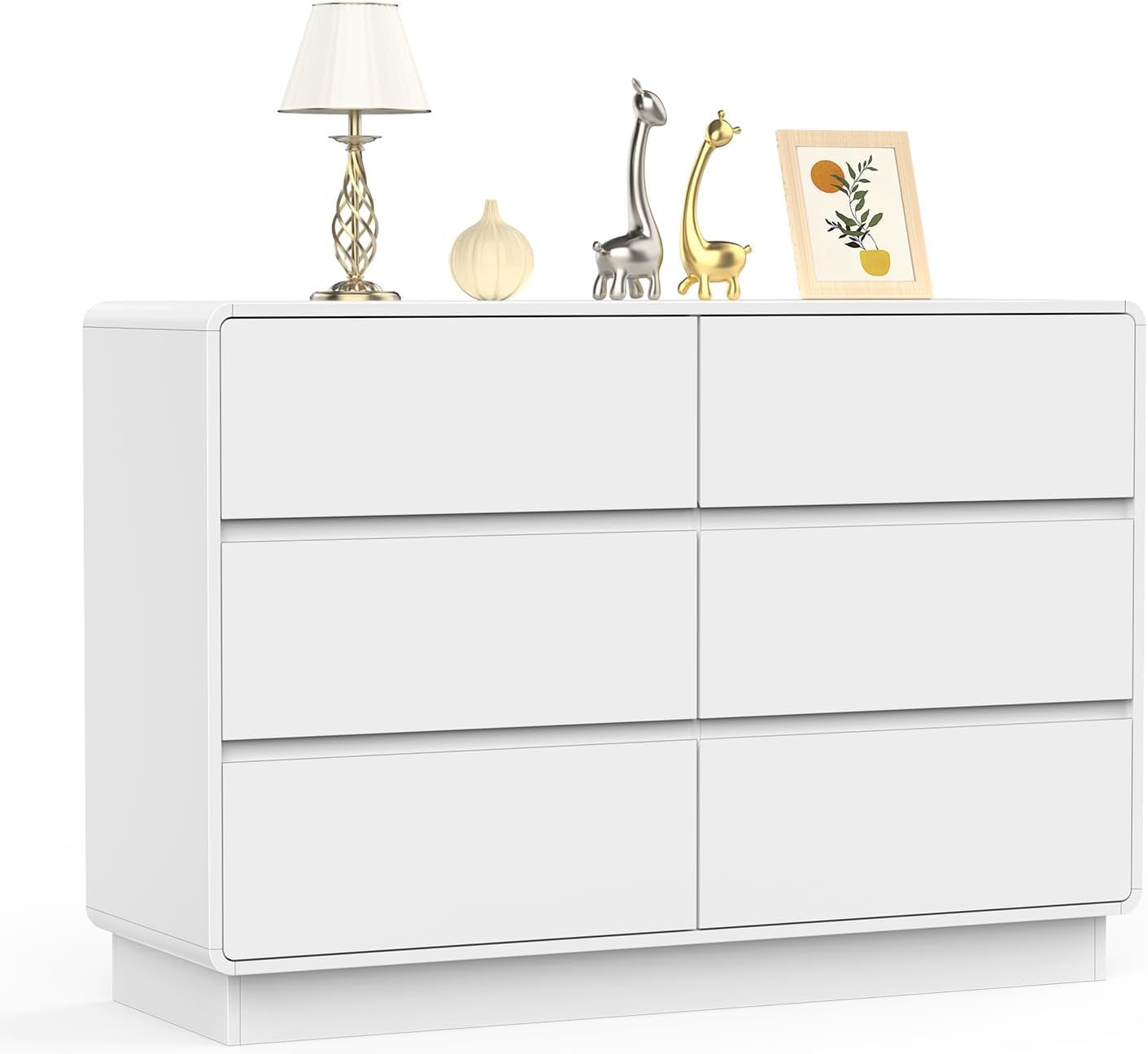 OTUTUMUS 6 Drawers Double Dresser, White Modern Chest of Drawer, Curved Edged Wood Dresser for Bedroom Living Room, Closet, Office, Hallway