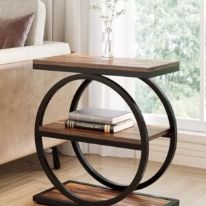 LITTLE TREE End Table, 3-Tier Side Table, Slim Sofa Side Table for Living Room, Tall Bedside Table Nightstand for Bedroom, Rustic Brown and Black